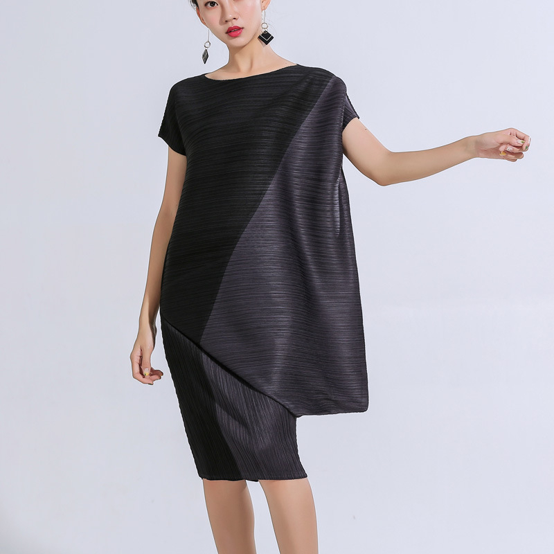 New Wrinkle Design Irregular Color Blocking Dress Large And Loose Dress ...
